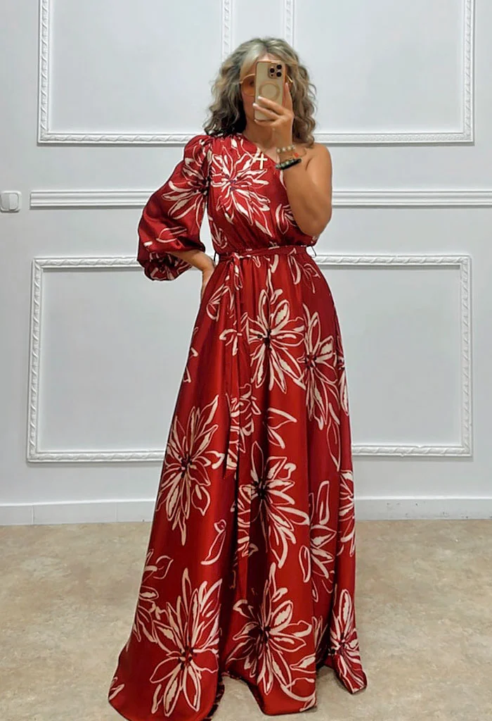 Μακρύ floral φόρεμα με έναν ώμο - Φορέματα Sofi Accessories Thiva